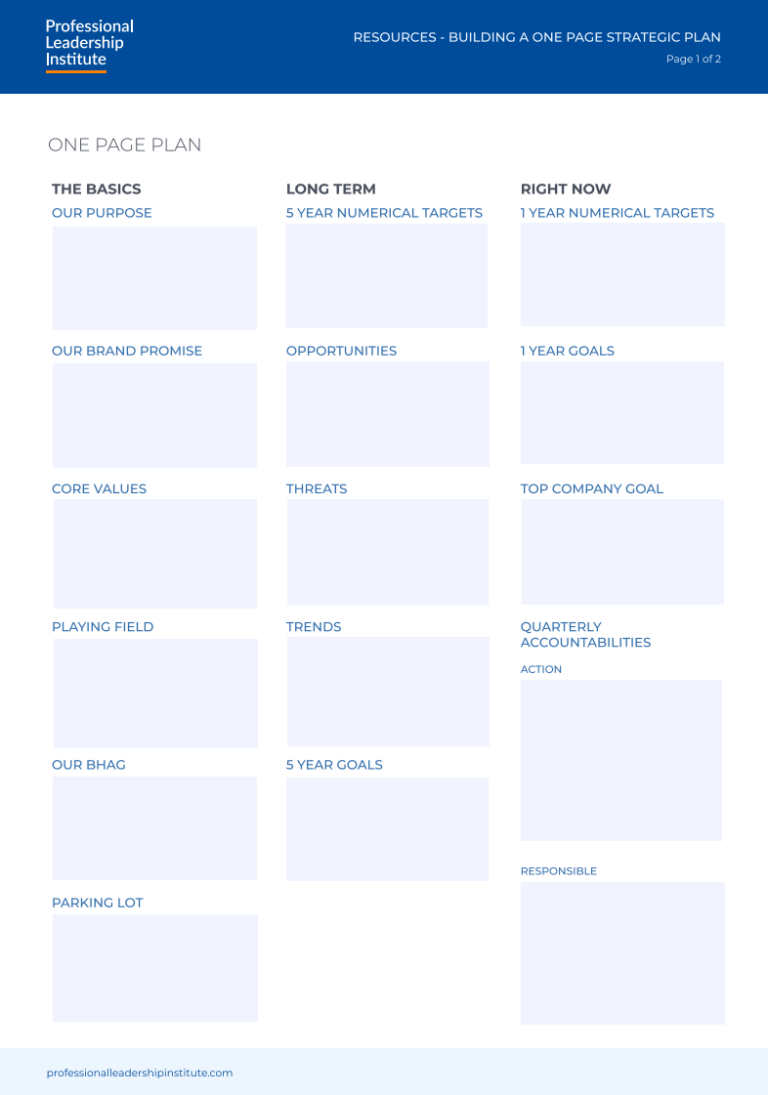 One Page Plan Business Template - Professional Leadership Institute
