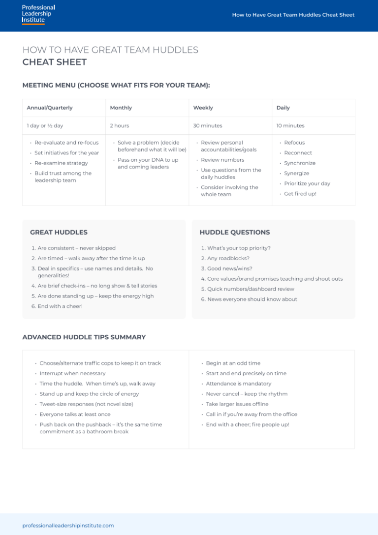 How To Have Great Team Huddles Cheat Sheet - Professional Leadership ...